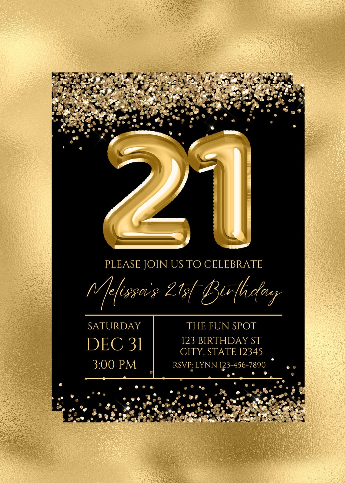 Editable 21st Birthday Invitation, Black and Gold Invitation, Gold 21 ...