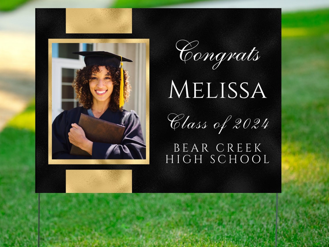 Editable Graduation Yard Sign Template With Photo, Black and Gold, Lawn ...