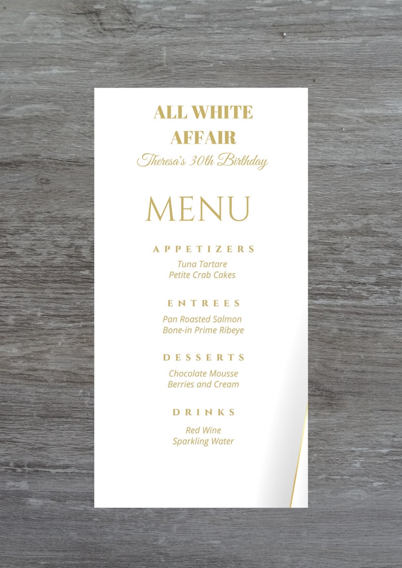 All White Affair Menu Card Template, Birthday Dinner Menu Card ...