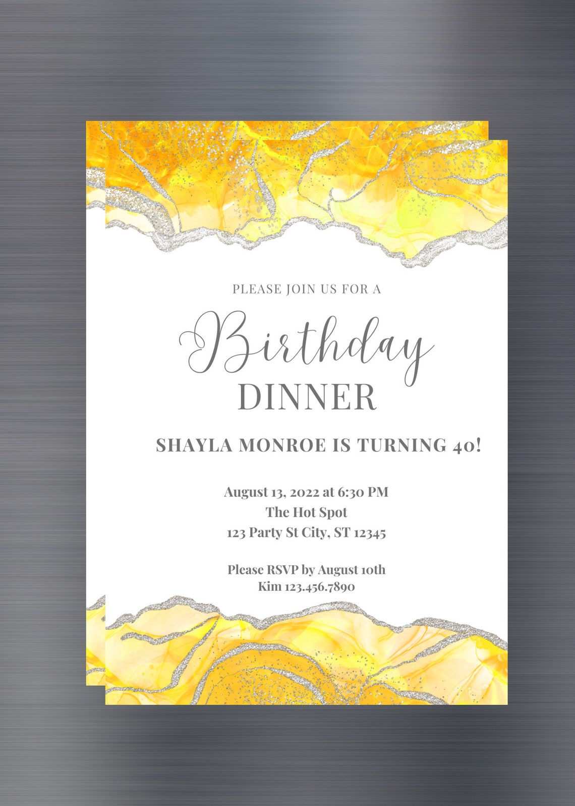 Editable Yellow and Silver Invitation Agate Birthday Dinner - Etsy