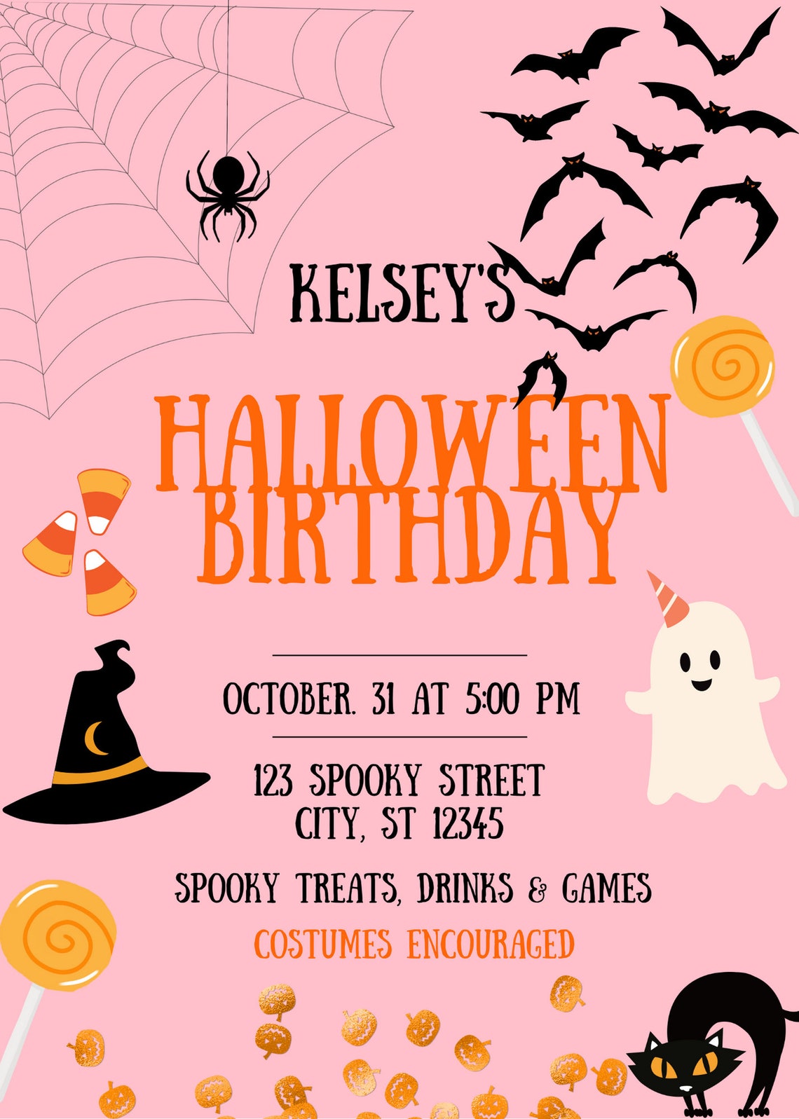 Editable Halloween Birthday Invitation Girl Kid's Halloween Party ...