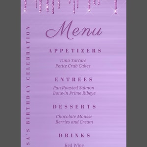 Editable Purple Menu Template, Purple Glitter Drip Menu Card, Birthday ...