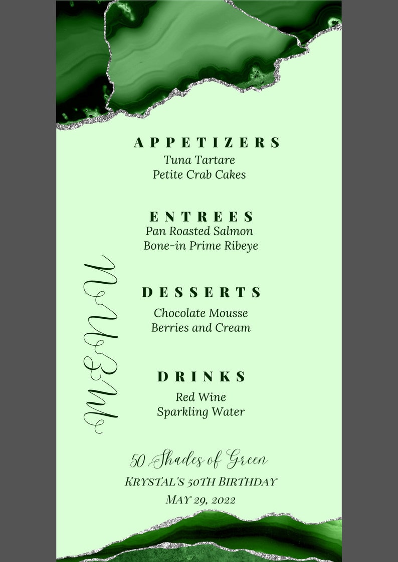 Editable Shades of Green Menu Card Template Green Menu Card - Etsy