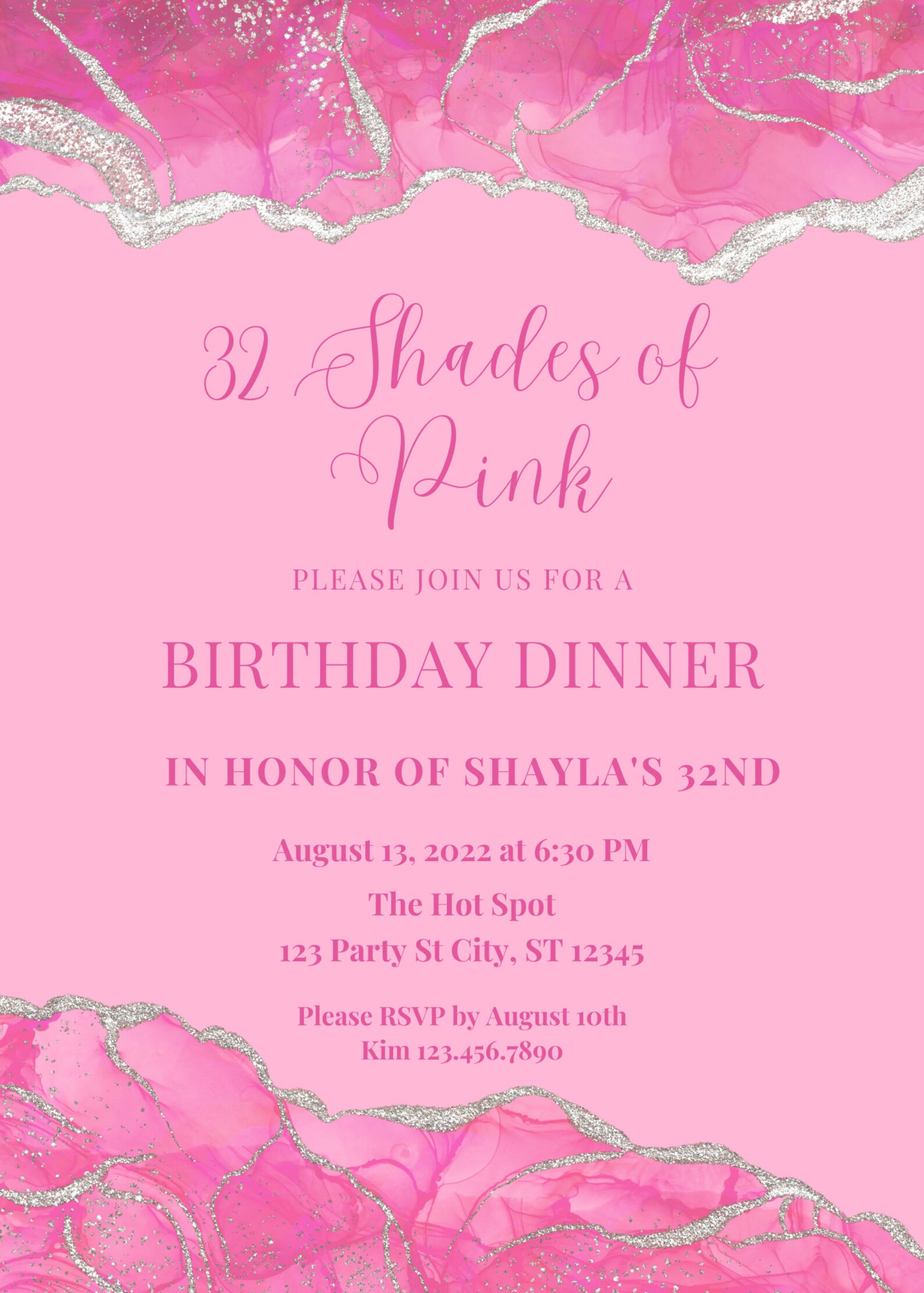 Editable Shades of Pink Invitation, Pink and Silver, Agate Birthday ...