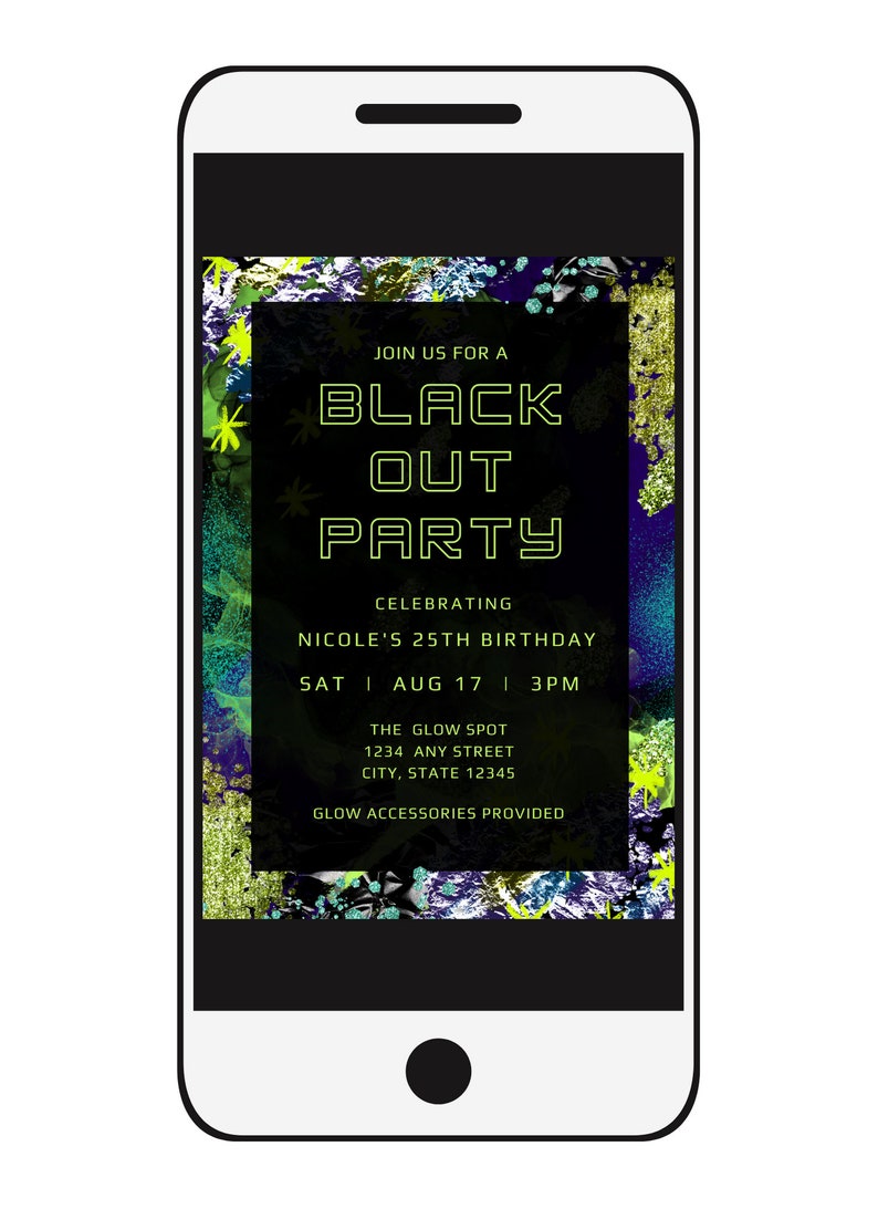 Editable Black Out Party Invitation, Birthday Invitation, Glow Party ...