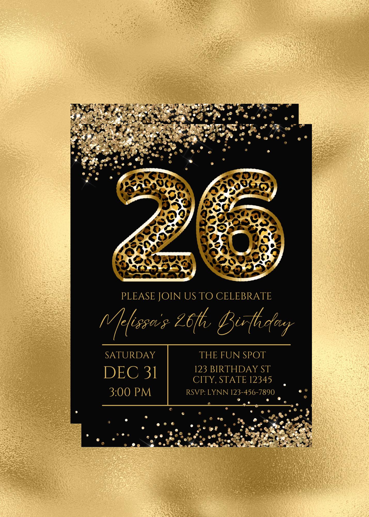 Leopard Print 26th Birthday Invitation Black and Gold, Editable ...