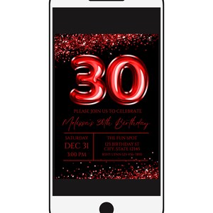 Editable 30th Birthday Invitation, Red and Black Invitation, Red 30 ...