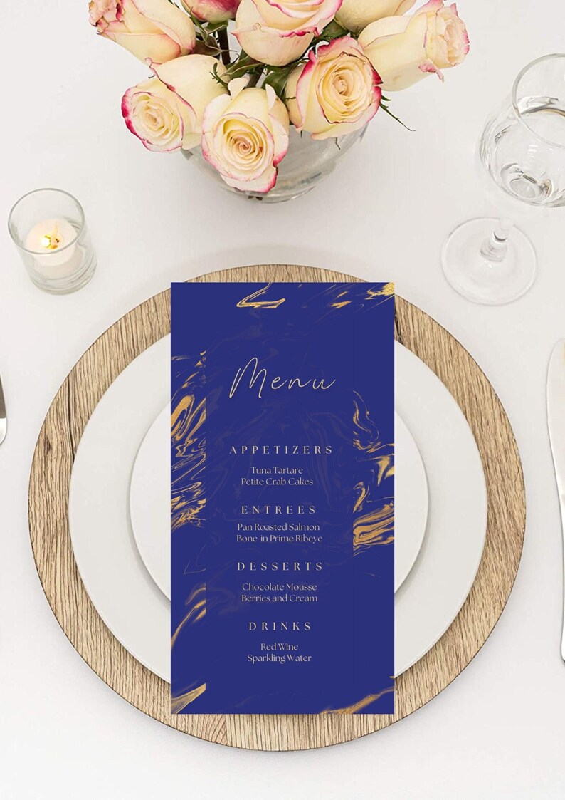 Editable Blue and Gold Menu Card Template, Marble Design, Luxury, Menu ...