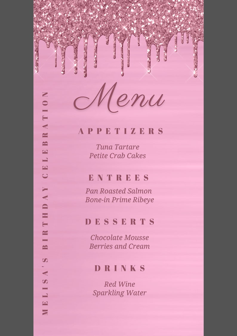 Editable Pink Menu Card Template Pink Glitter Drip Menu Card - Etsy