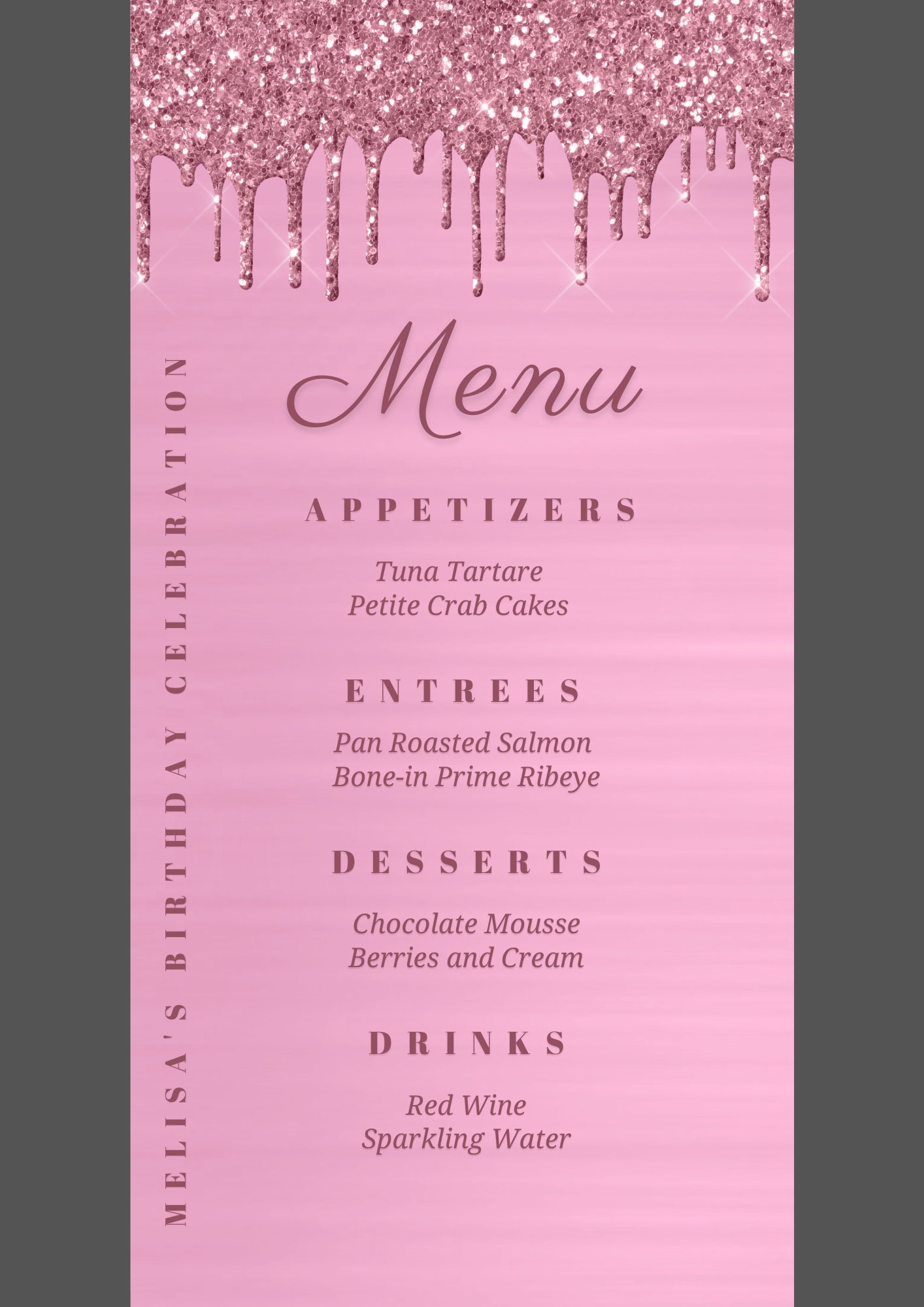Editable Pink Menu Card Template Pink Glitter Drip Menu Card - Etsy