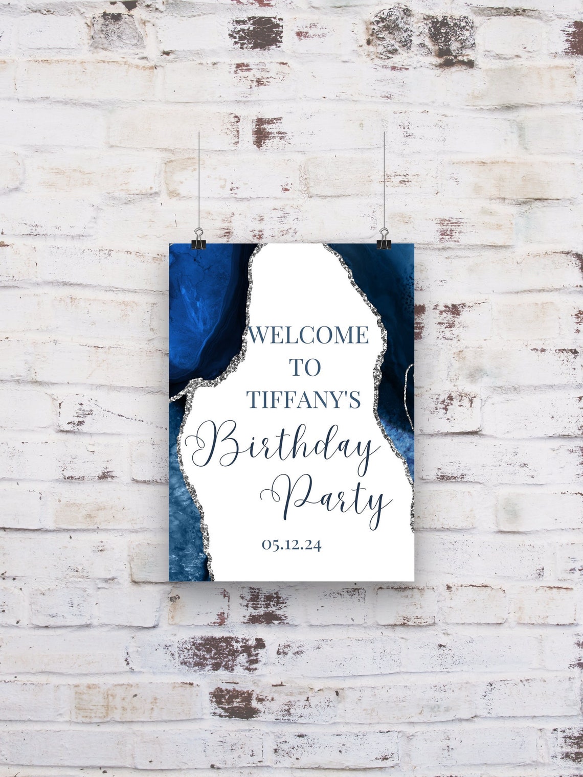 Editable Blue and White Birthday Welcome Sign Agate Birthday - Etsy