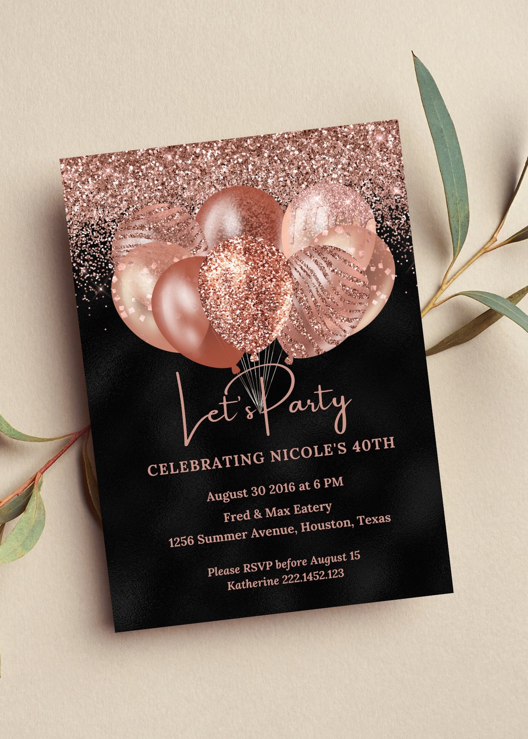Editable Rose Gold and Black Birthday Invitation, Let's Party Rose Gold ...