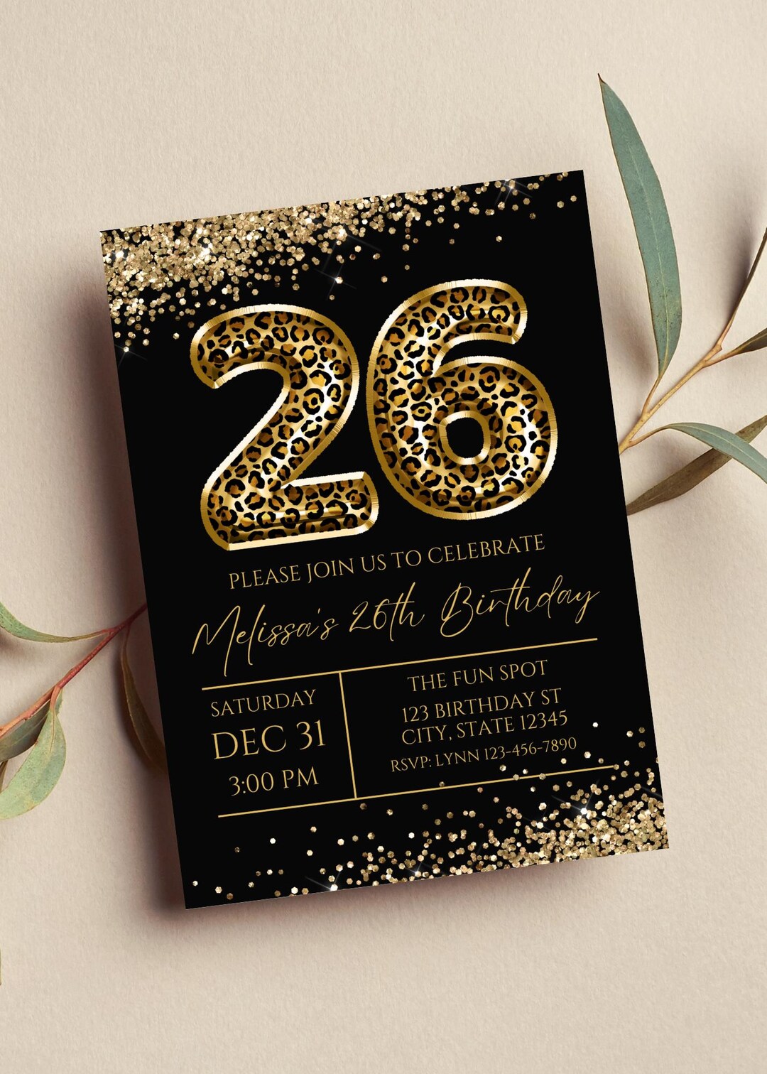 Leopard Print 26th Birthday Invitation Black and Gold, Editable ...