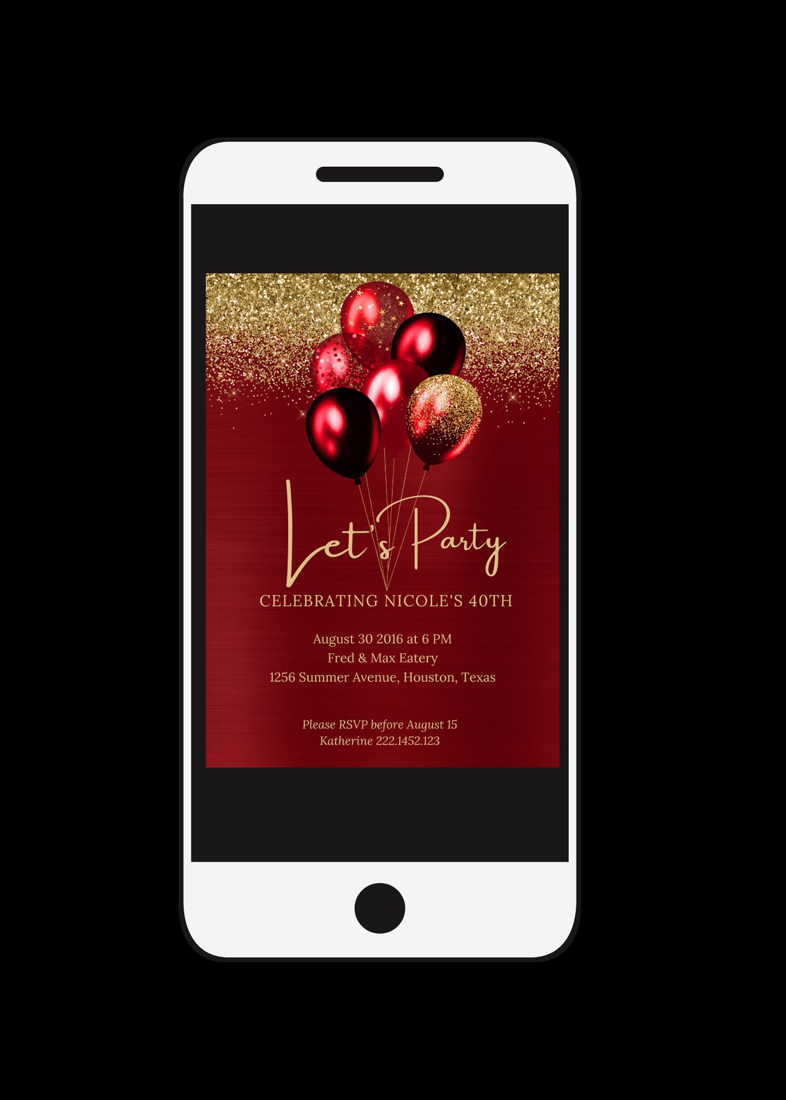 Editable Red and Gold Birthday Invitation, Let's Party Red Balloons ...