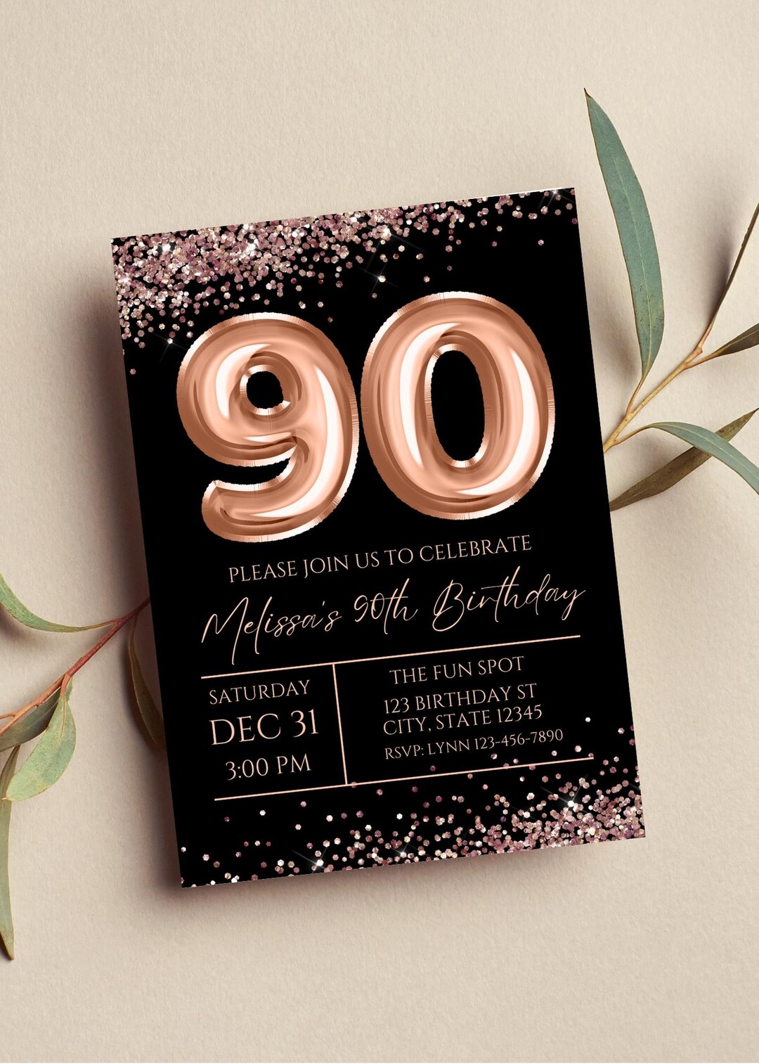 Editable 90th Birthday Invitation, Rose Gold and Black Invitation, Rose ...