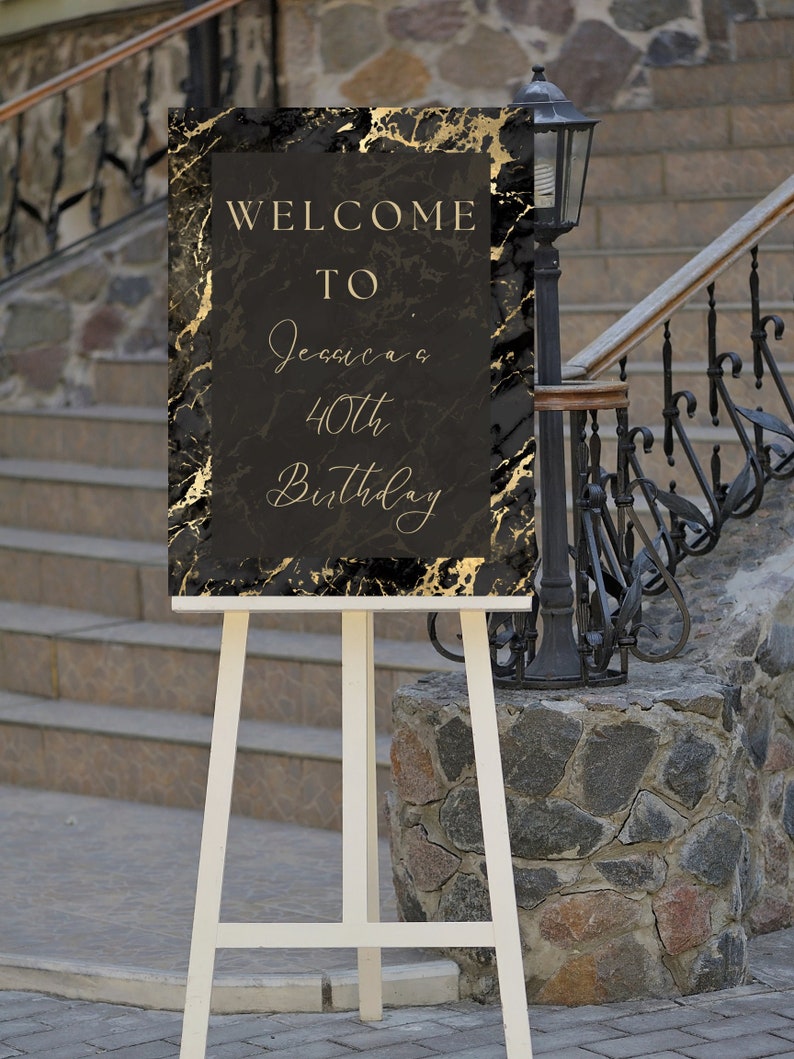 Editable Black and Gold Birthday Welcome Sign Marble Luxury - Etsy