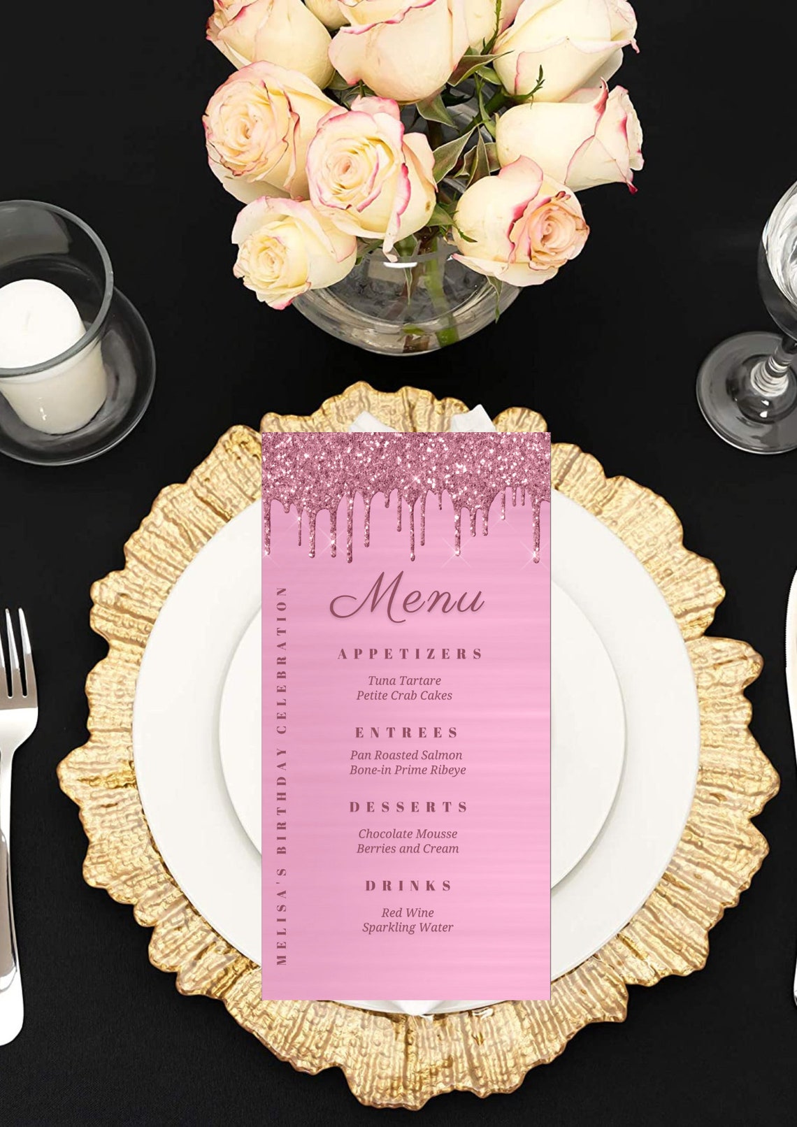 Editable Pink Menu Card Template Pink Glitter Drip Menu Card - Etsy