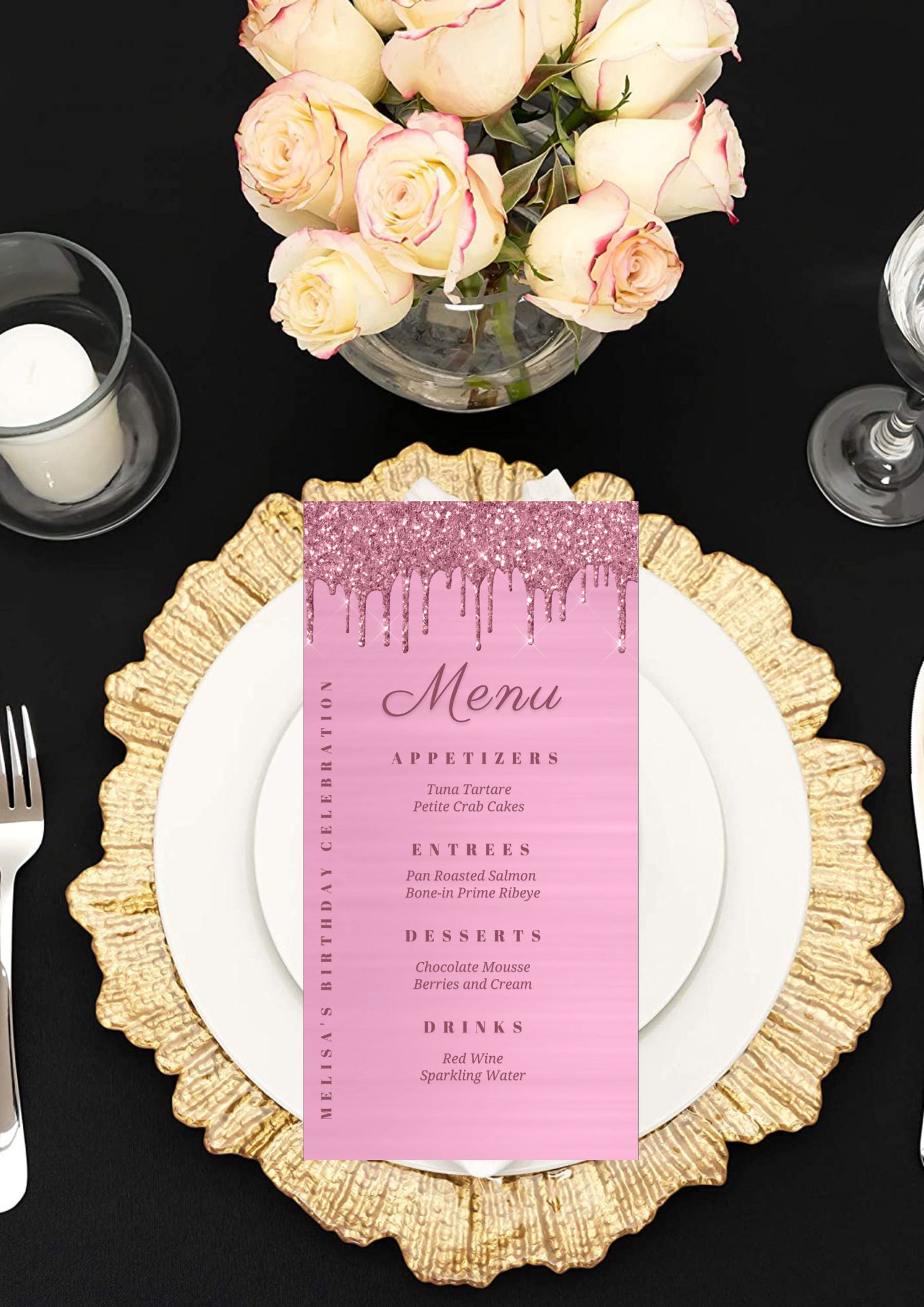 Editable Pink Menu Card Template Pink Glitter Drip Menu Card - Etsy