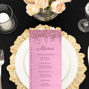 Editable Pink Menu Card Template, Pink Glitter Drip Menu Cards ...