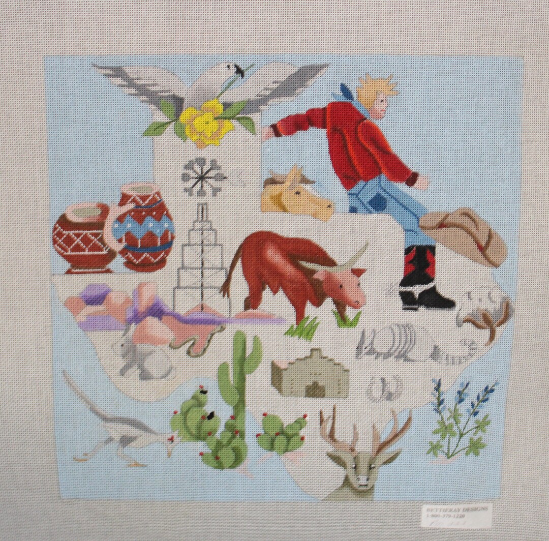 Needlepoint Texas Canvas Oil Yellow Rose Cowboys Armadillo Cactus ...