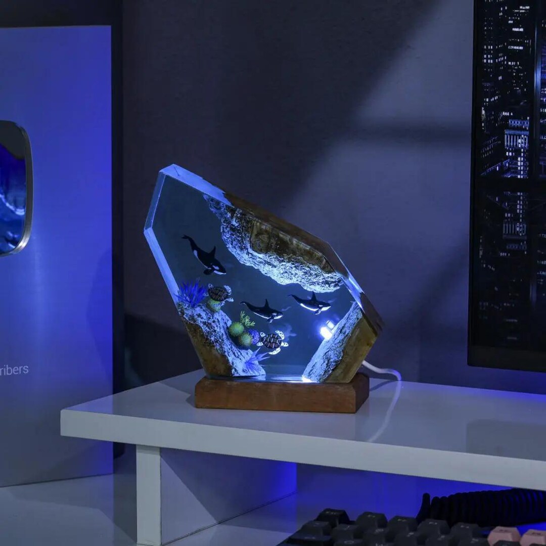 Orca Whale Resin Lamp With Sea Turtles, Handmade Ocean Diorama Night ...