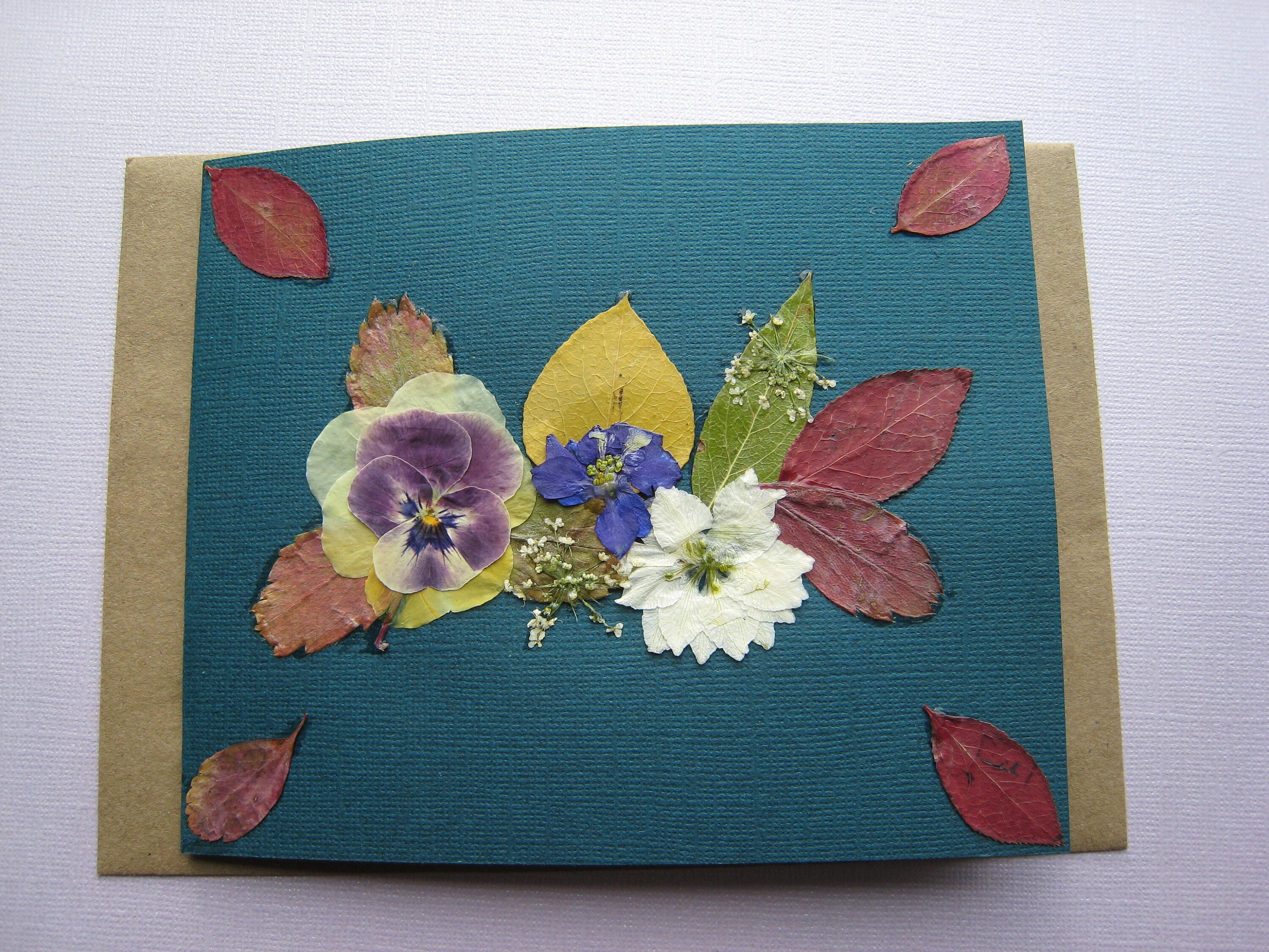 Art & Collectibles Pressed flower leaf card handmade teal 5X6 Artist ...