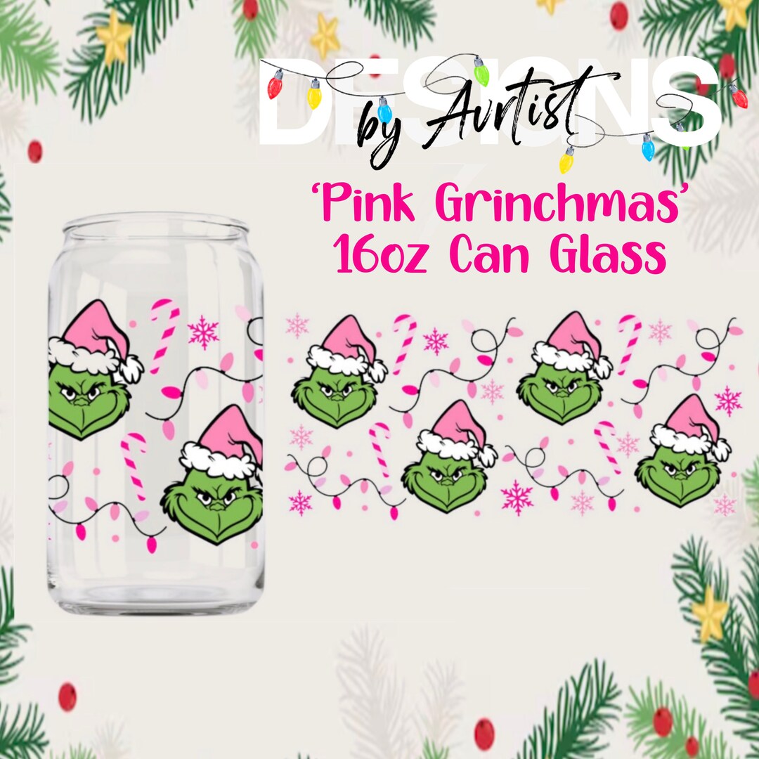 Pink Grinch Christmas 16oz Beer Can Glass Grinchmas Lover- Bamboo Jar ...