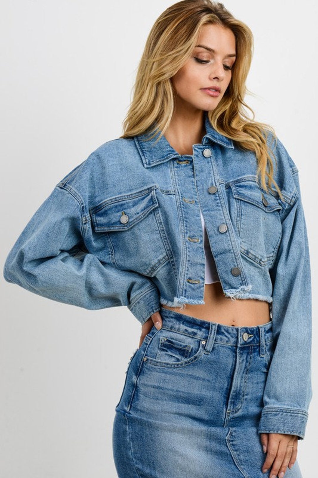 Women Cotton Oversize Crop Raw Cut Washed Jean Jacket/ Crop Oversize ...