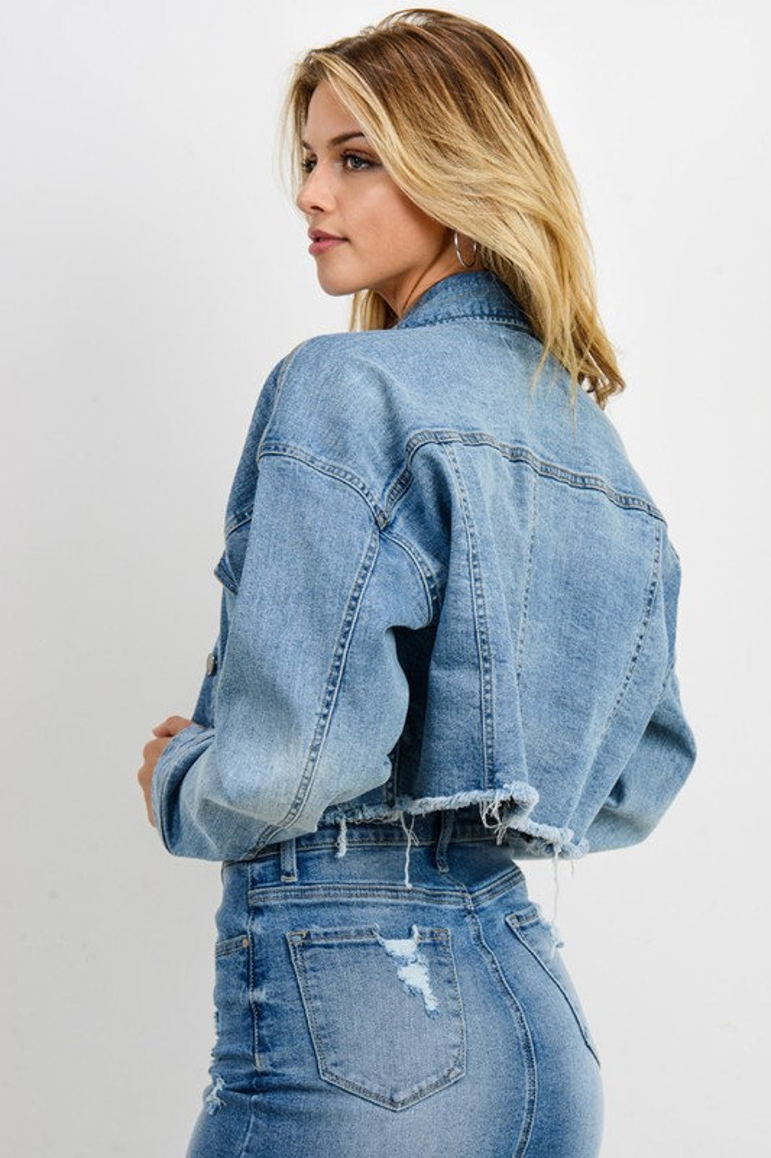 Women Cotton Oversize Crop Raw Cut Washed Jean Jacket/ Crop - Etsy