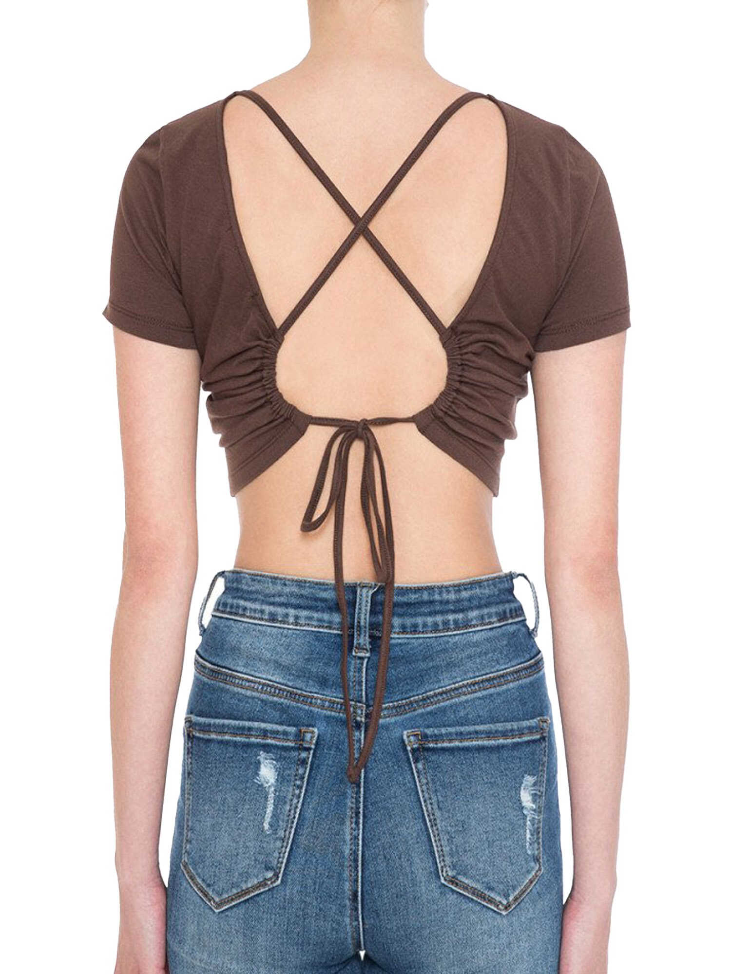 Women Crew Neck Ruched Open Back Cross X Strap Round Neck Short Sleeve ...