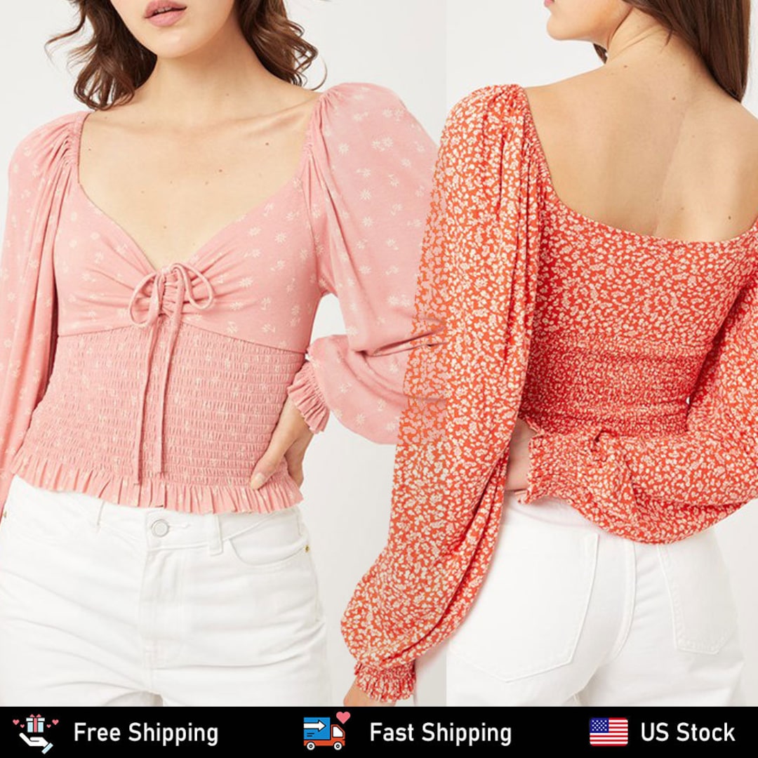 Women Smocked Sweetheart Neckline Long Sleeve Floral Jersey Blouse Top ...