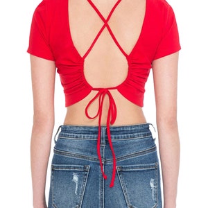 Women Crew Neck Ruched Open Back Cross X Strap Round Neck Short Sleeve ...