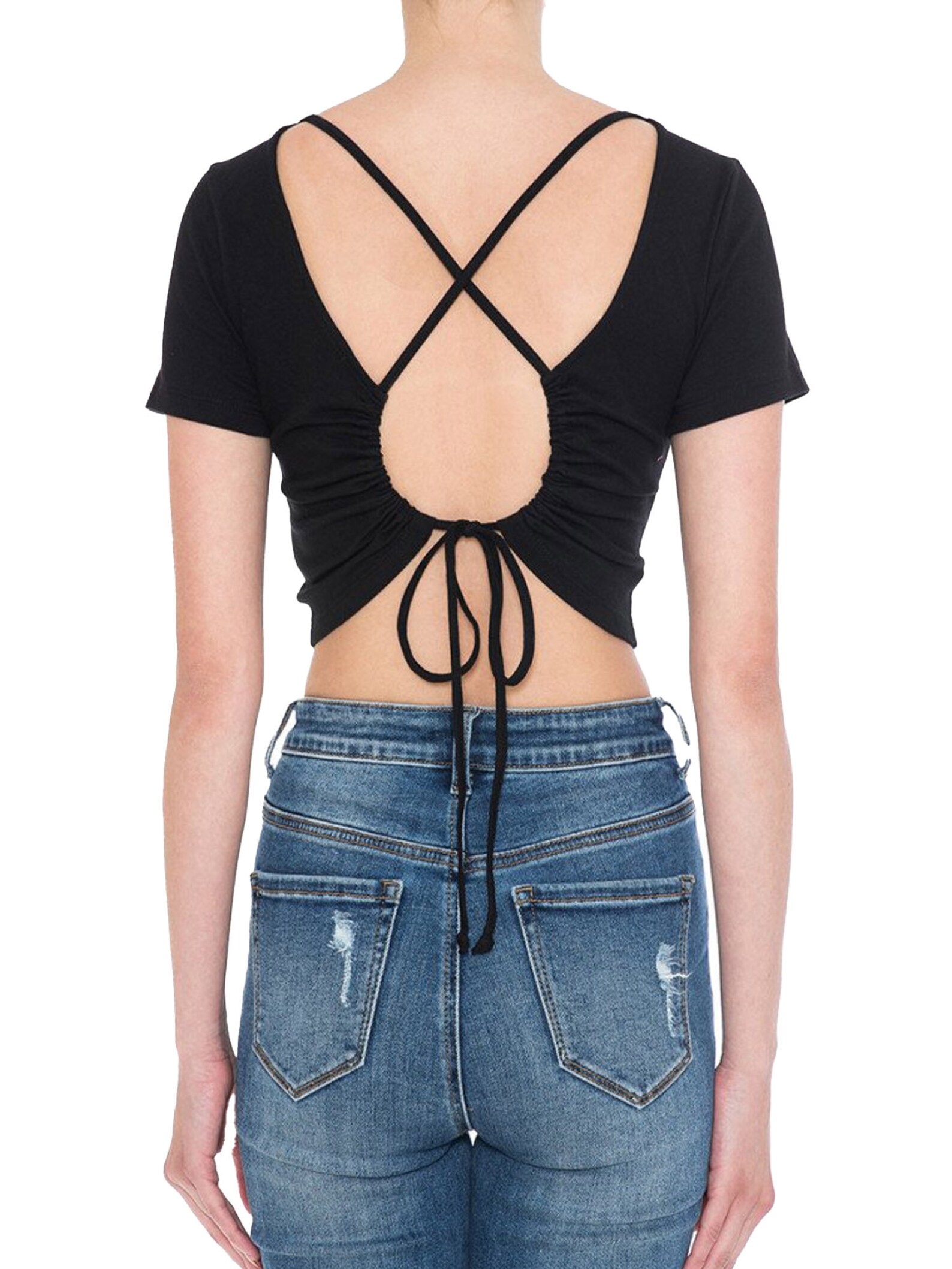 Women Crew Neck Ruched Open Back Cross X Strap Round Neck Short Sleeve ...