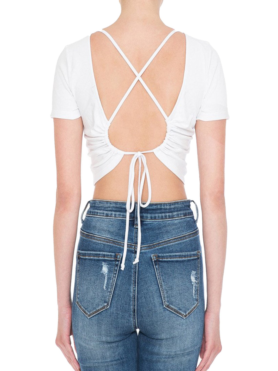 Women Crew Neck Ruched Open Back Cross X Strap Round Neck - Etsy