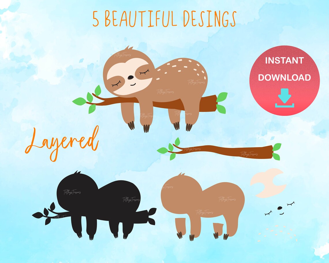 Sloth SVG, Sleepy Sloth, Cute Sloth DXF, Hanging Sloth, Layered Sloth ...