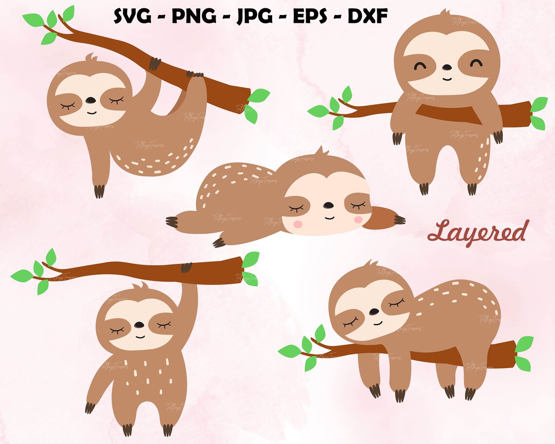 Sloth SVG, Sleepy Sloth, Cute Sloth DXF, Hanging Sloth, Layered Sloth ...