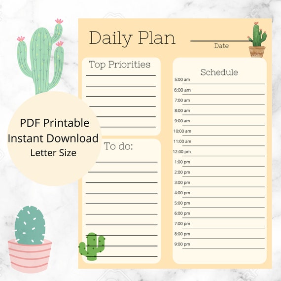 Daily Plan PDF Printable Instant Download Productivity | Etsy