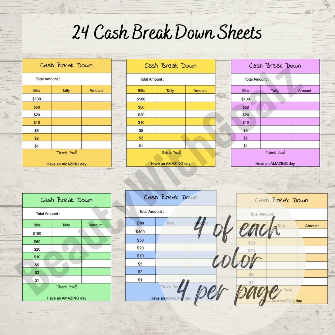 24 Cash Break Down Sheets/ Pdf Instant Download - Etsy
