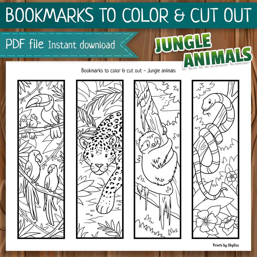 Bookmarks to Color - Cute Jungle Animals - 4 Hand Drawn Illustrations ...