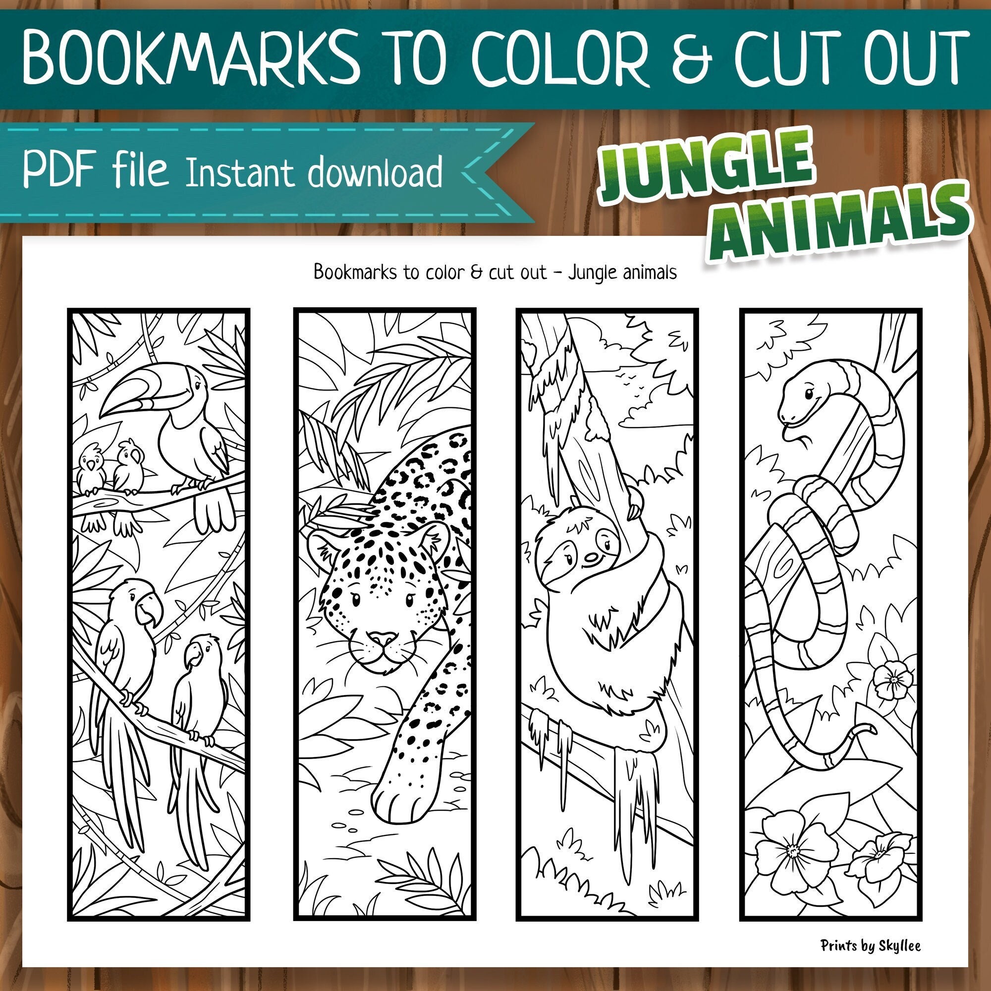 Bookmarks to Color - Cute Jungle Animals - 4 Hand Drawn Illustrations ...