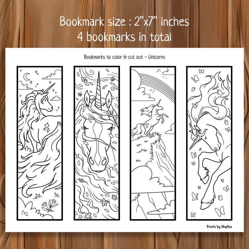 Bookmarks to Color - Cute Unicorns - 4 Hand Drawn Illustrations ...