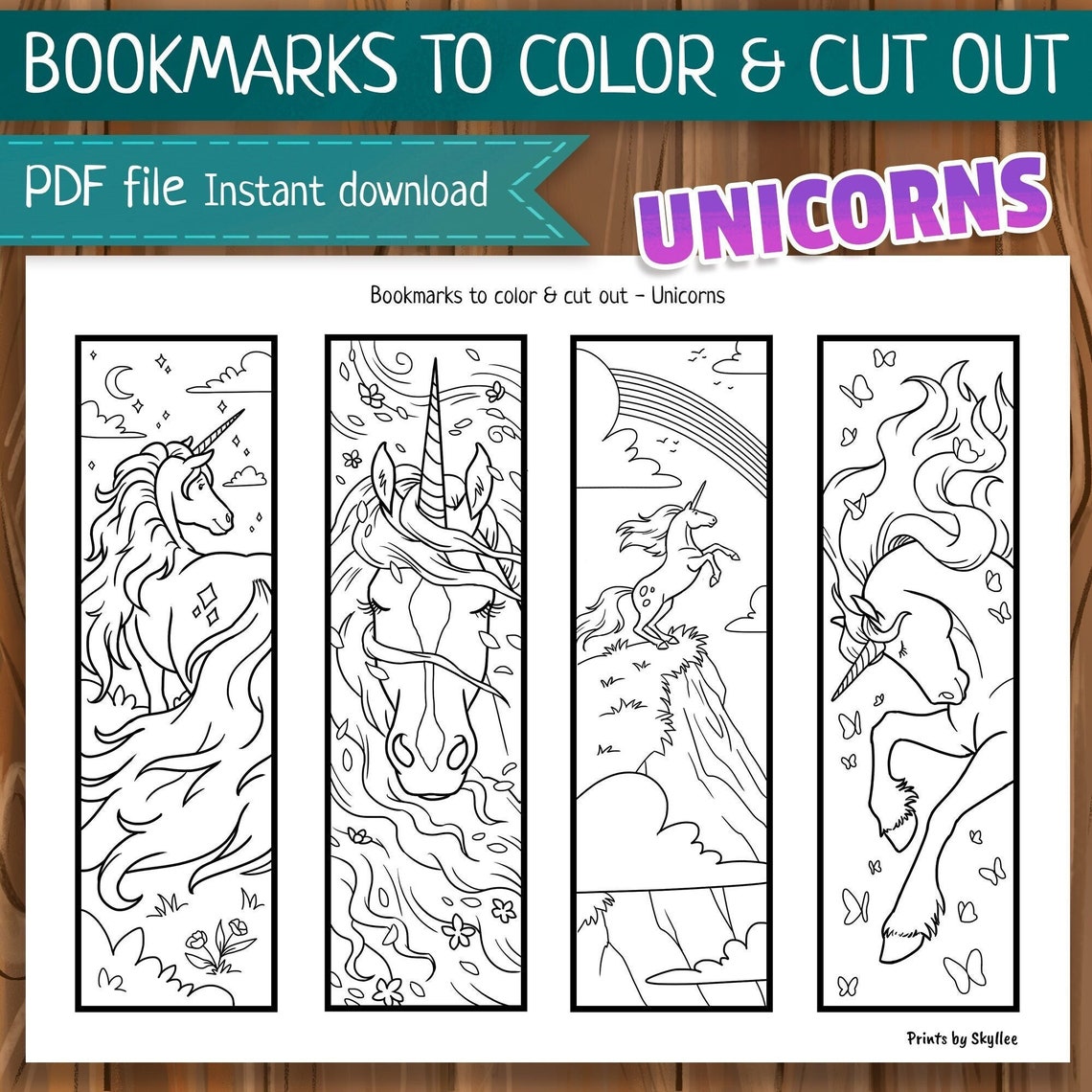 Bookmarks to Color - Cute Unicorns - 4 Hand Drawn Illustrations ...