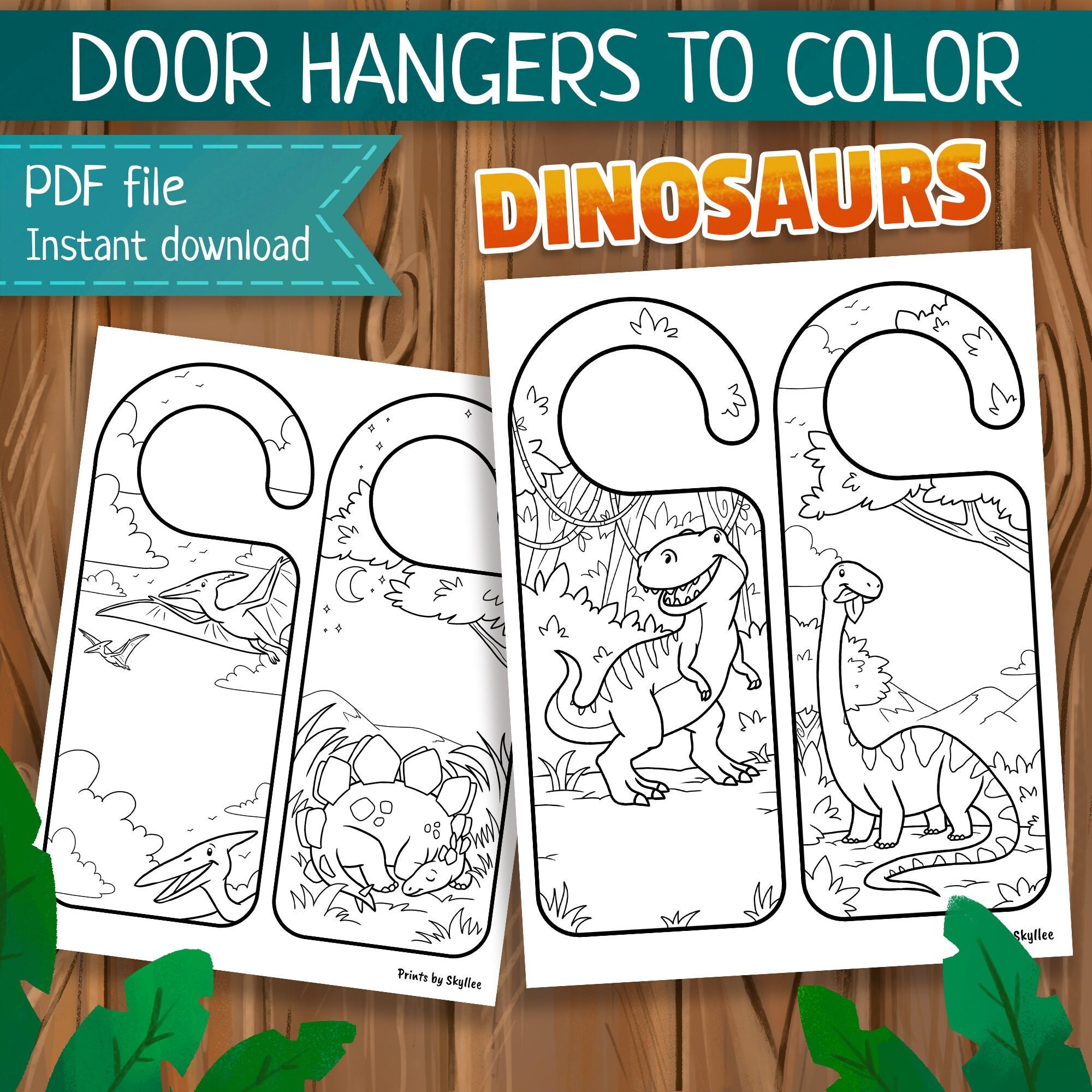 Door Hangers to Color - Dinosaurs - 4 Hand Drawn Illustrations ...