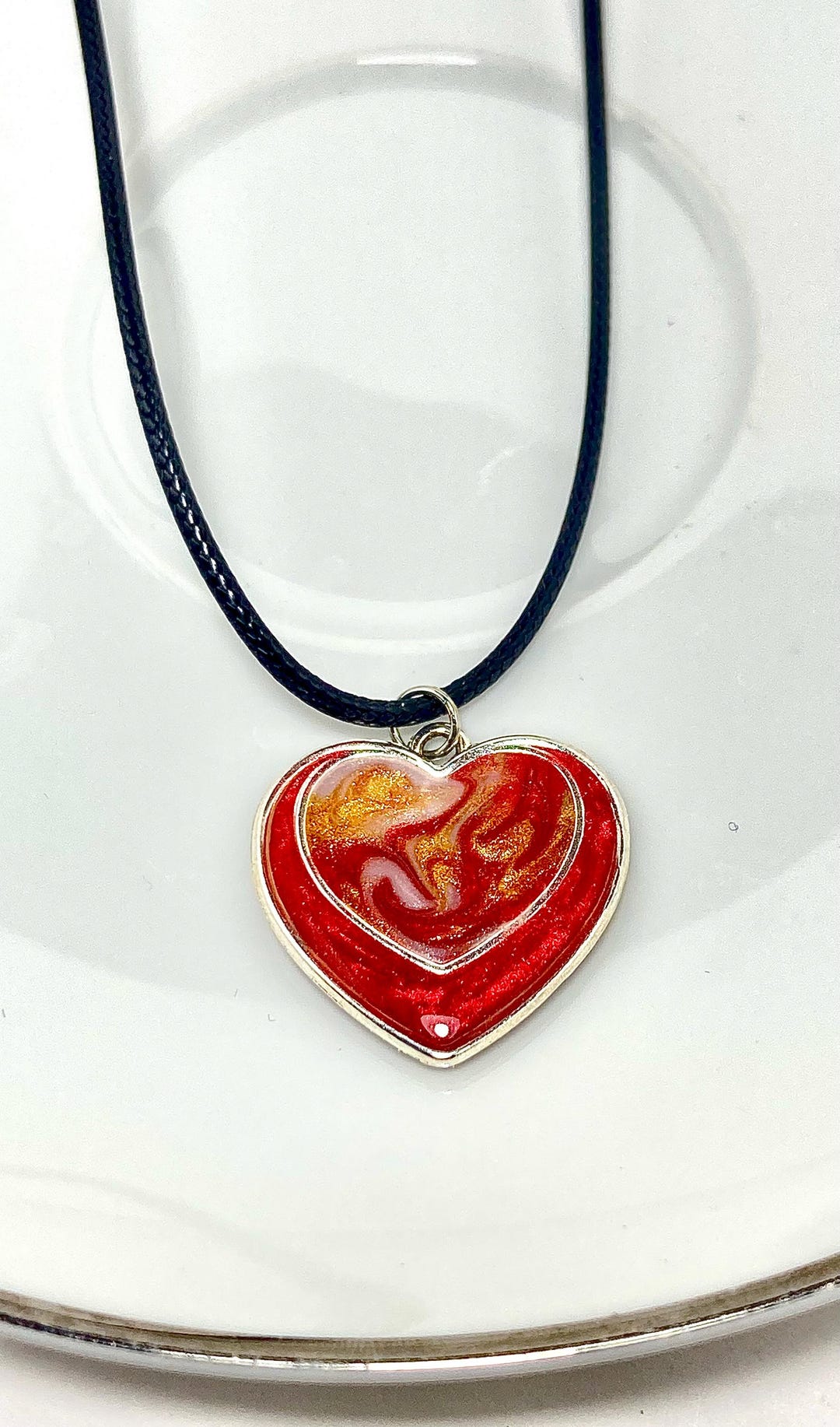 Red Resin Double Heart Necklace: Gold Swirl Handmade Jewelry - Etsy