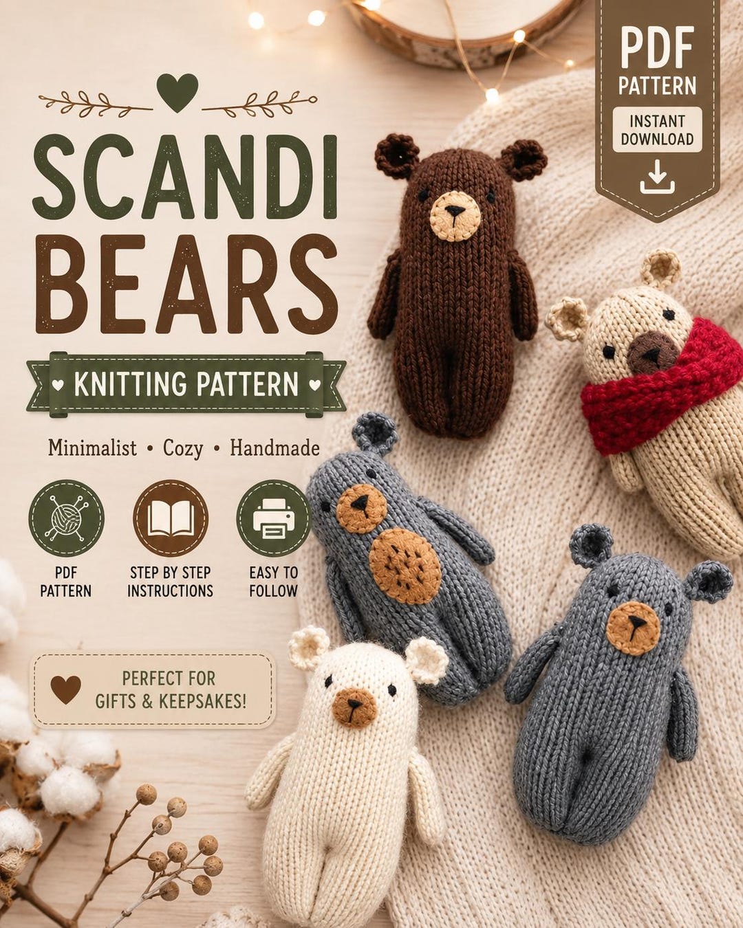 Scandi Bears Knitting Pattern, Minimalist Teddy Bear Plush Toy (PDF ...
