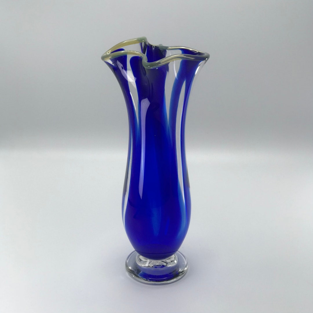 Blue & Clear Glass Fluted Vase - Etsy