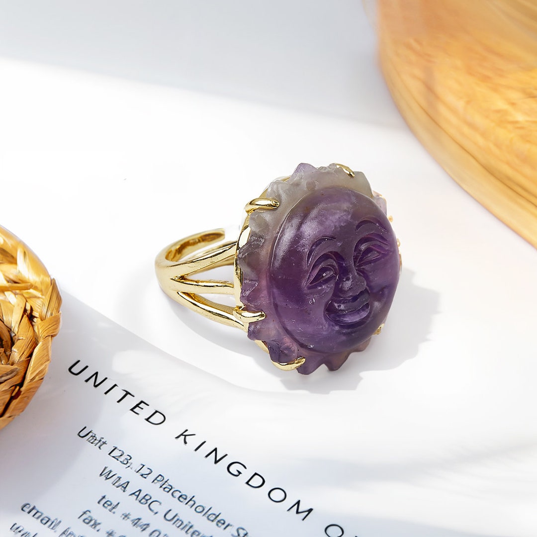 Handmade Carved Smiling Sun Face Gemstone Ring, 14K Gold-plated ...