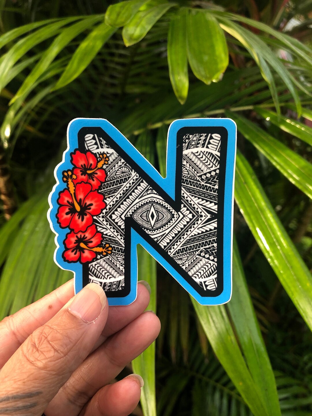 Letter N With Hibiscus Flower and Polynesian Print Design Vinyl Decal ...