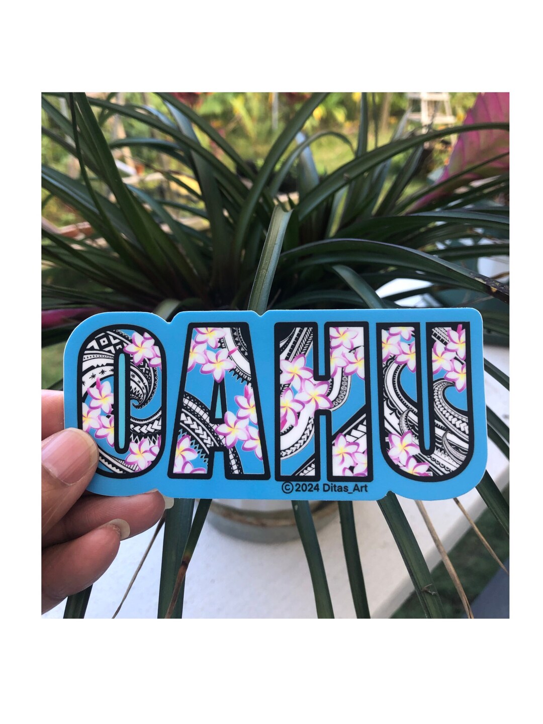 Oahu Hawaii Sticker With Pink Flowers & Polynesian Tattoo Tribal Design ...