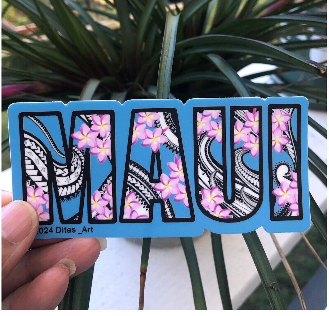Maui Hawaii Sticker With Pink Flowers & Polynesian Tattoo Tribal Design ...